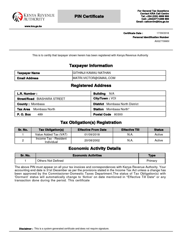 KRA PIN Certificate for Githinji Kamau | PDF | Taxes | Value Added Tax