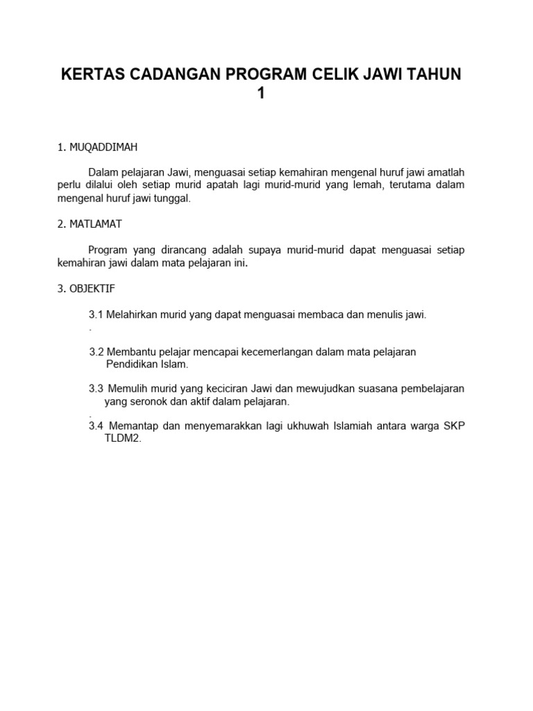 KERTAS CADANGAN PROGRAM CELIK JAWI TAHUN 1 | PDF