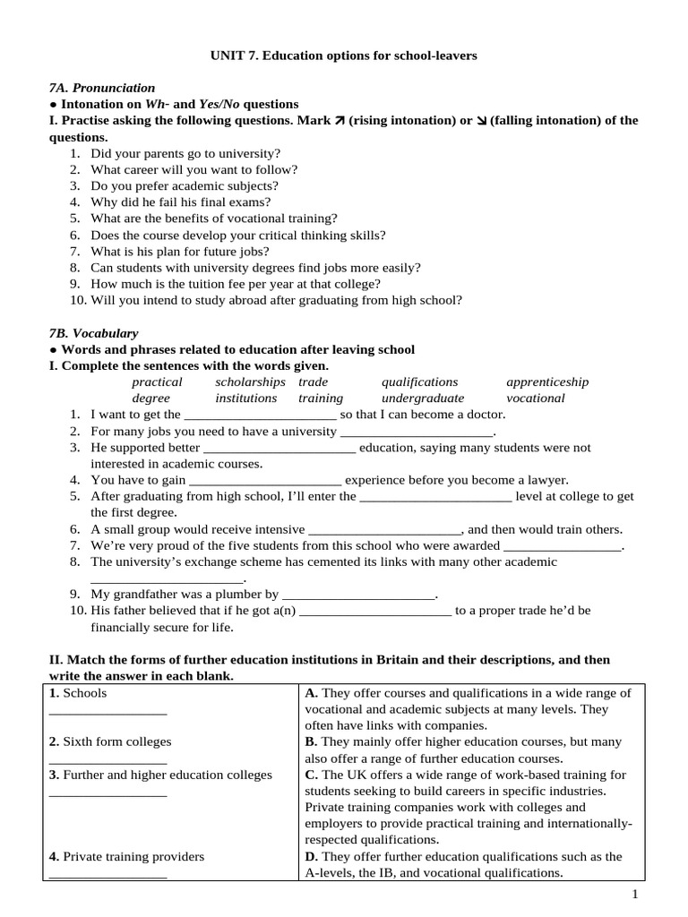 BÀI TẬP GLOBAL LỚP 11 UNIT 7. Education options for school leavers | PDF