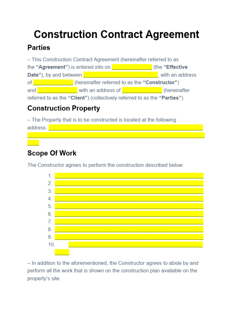 Construction Contract Agreement Template | PDF | Indemnity | Insurance