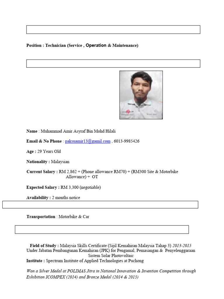 Muhammad Amir Asyraf Resume | PDF | Photovoltaic System | Electrical ...