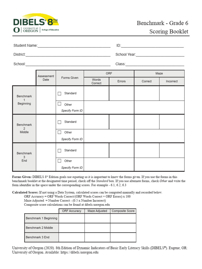 Dibels 8 Benchmark 6 Scoring 2020-1 | PDF
