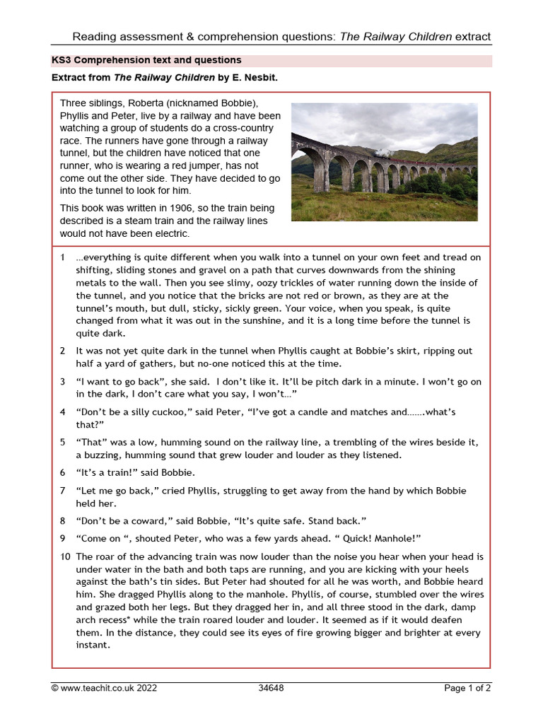 Reading Assessment Comprehension Questions Railway Children Teachit ...