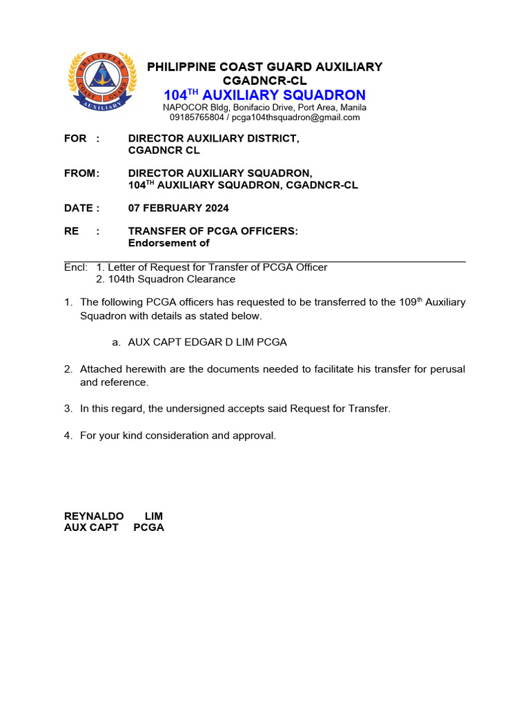 PCGA Officer Transfer Endorsement Letter | PDF