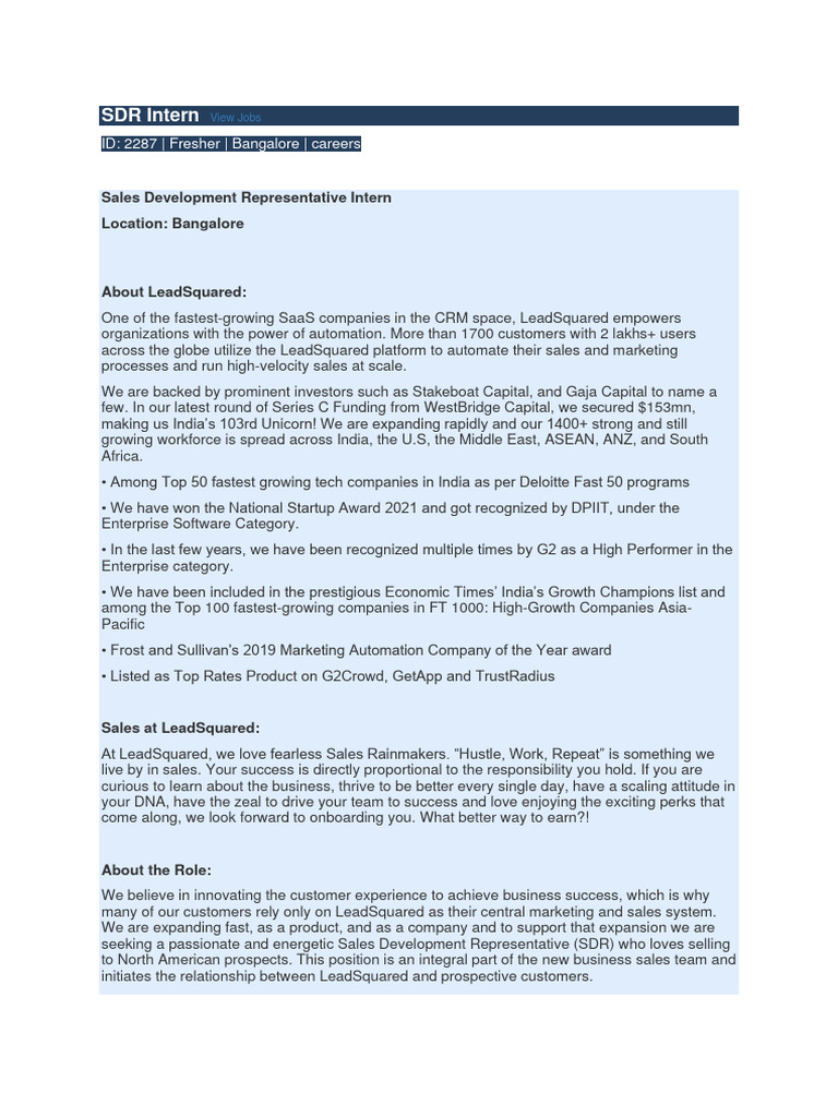 LeadSquared SDR Internship Opportunity | PDF