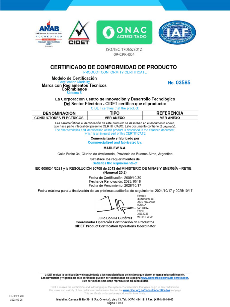 Certificado de Calidad Cables Multiconductores 3585 | PDF | Cobre | Sector secundario de la economía