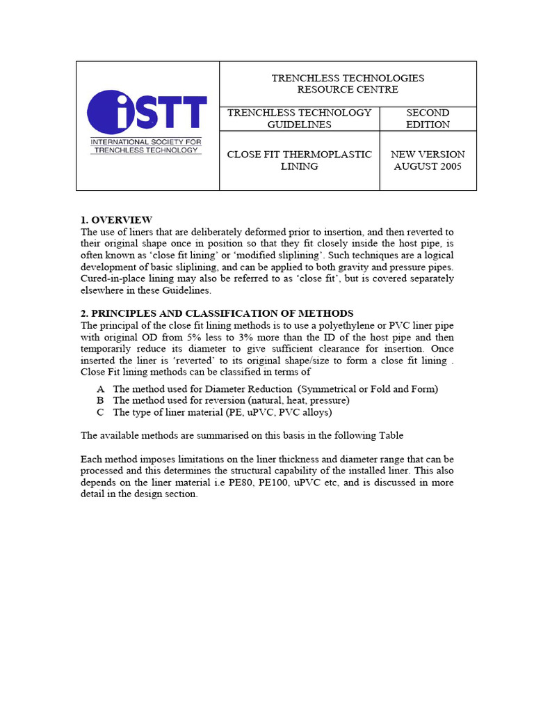 TRENCHLESS TECHNOLOGY GUIDELINES CLOSE FIT THERMOPLASTIC LINING | PDF | Pipe (Fluid Conveyance ...