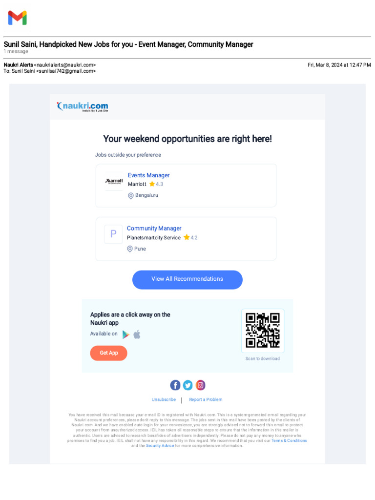 Gmail - Sunil Saini, Handpicked New Jobs for you - Event Manager, Community Manager | PDF ...