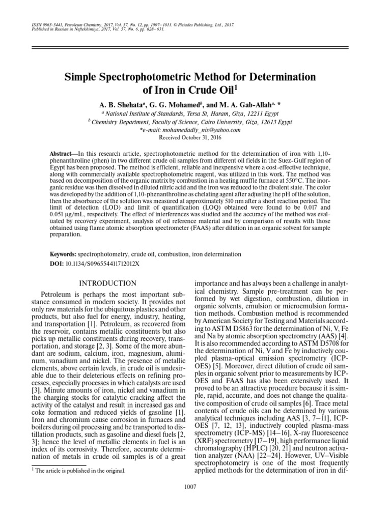 Simple Spectrophotometric Method For Determination Fe 1 10 Phen Pdf