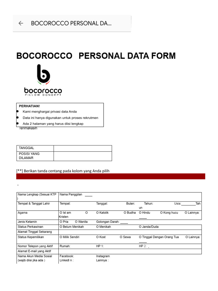 Bocorocco Personal Data Form | PDF
