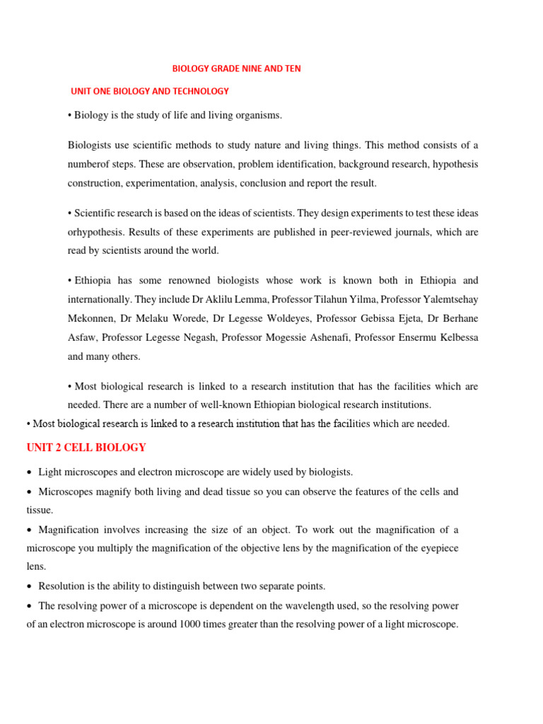 Biology Grade 9 and 10 Revision Short Notes | PDF