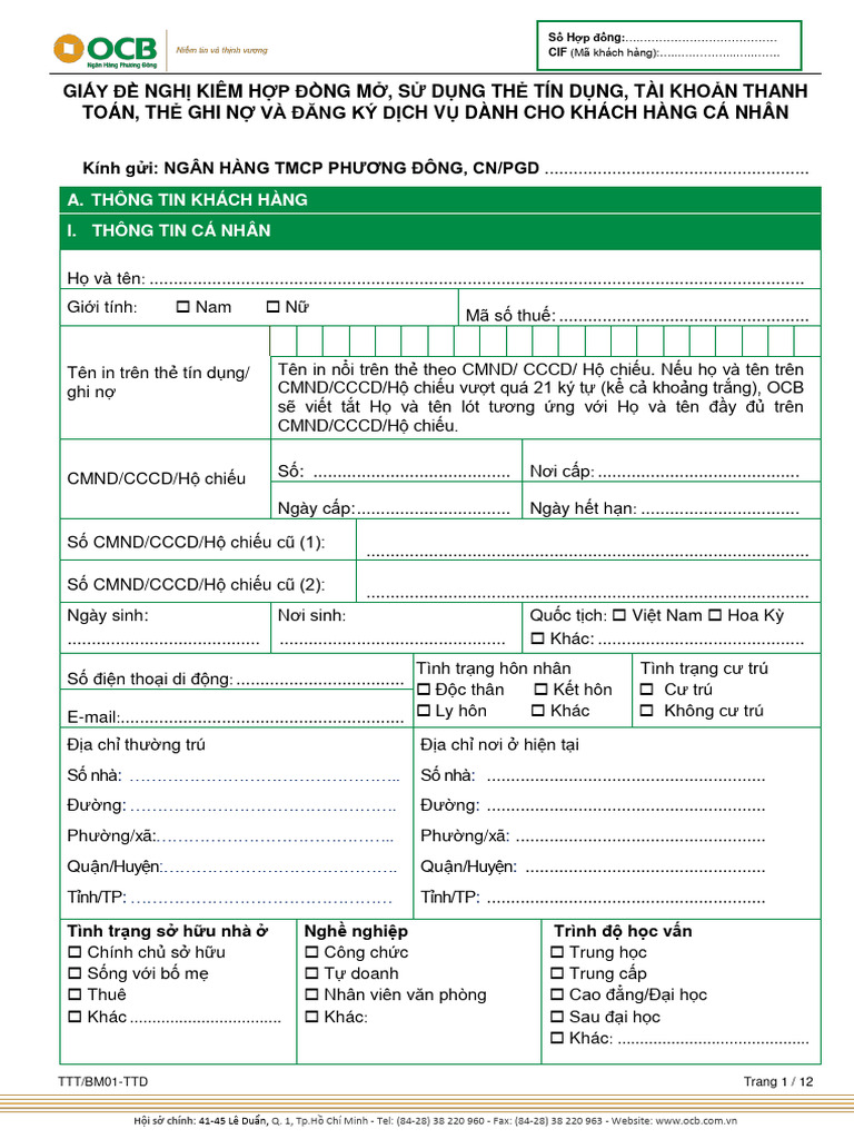 OCB - 776.01 Mau Bieu TTTBM01 TTD Giay de Nghi Kiem HD Phat Hanh Va Su Dung The Tin Dung | PDF