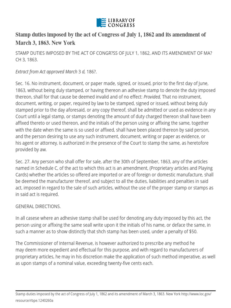 Stamp Duties Imposed by The Act of Congress of July 1, 1862 | PDF ...