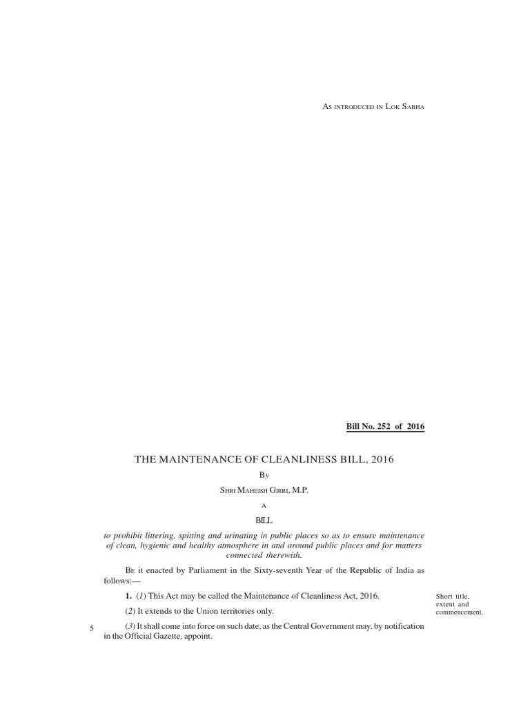 The Maintenance of Cleanliness Bill, 2016: S Introduced IN OK Abha | PDF | Common Law | Public Law