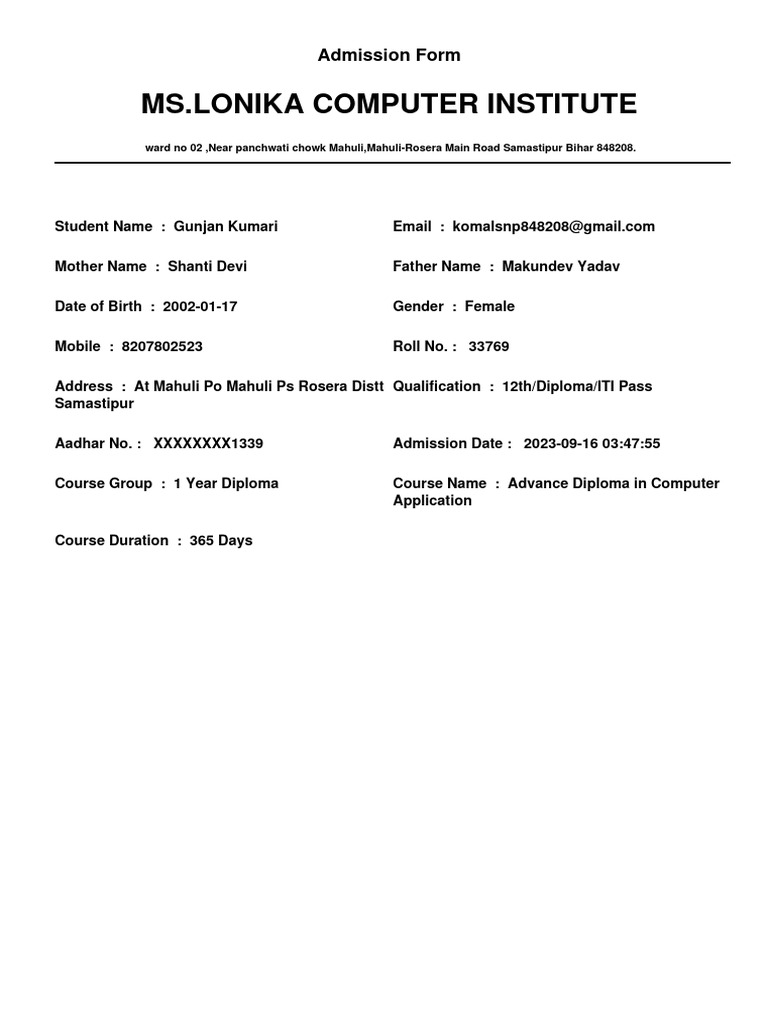 MS.Lonika Computer Institute Admission Form | PDF