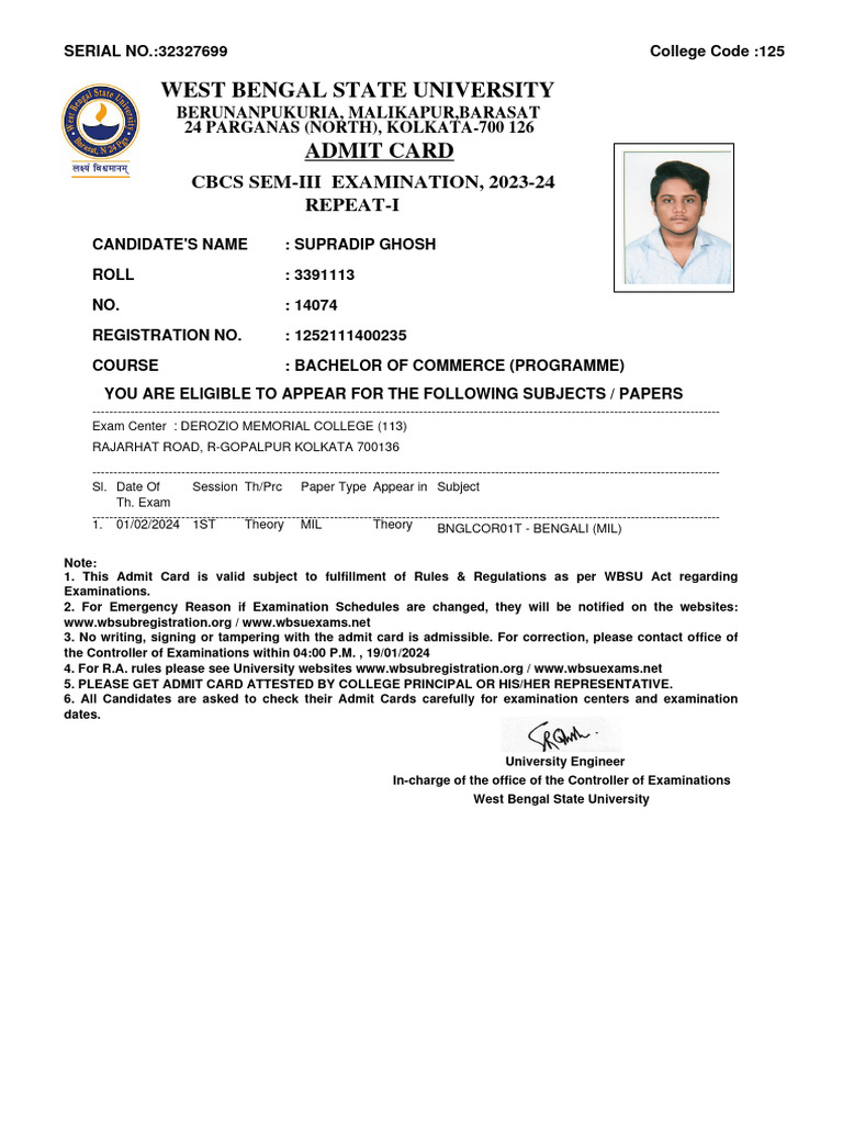 West Bengal State University: Cbcs Sem-Iii Examination, 2023-24 Repeat ...