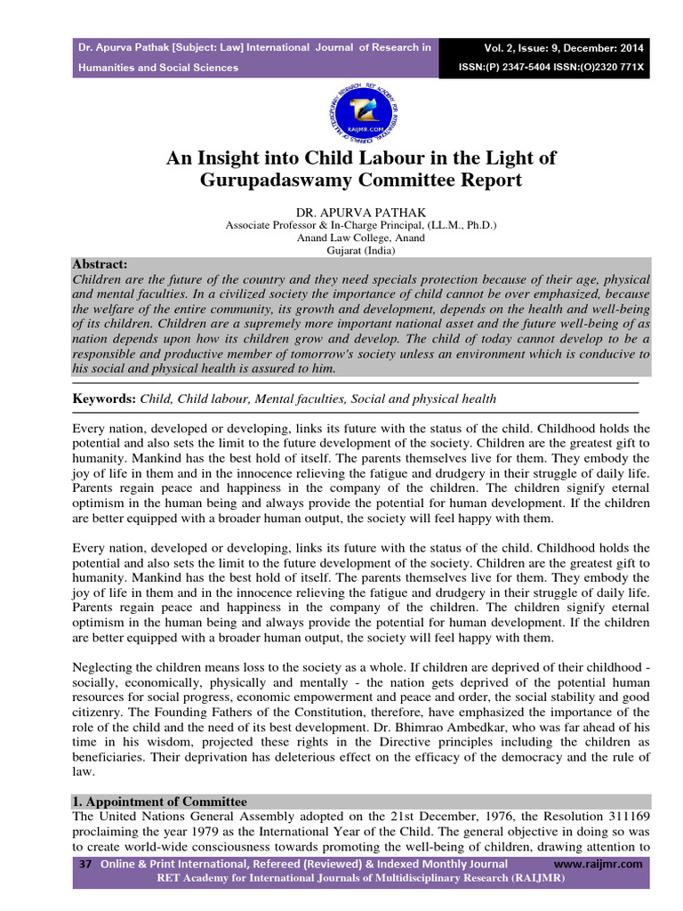 An Insight Into Child Labour in The Light of Gurupadaswamy Report | PDF ...