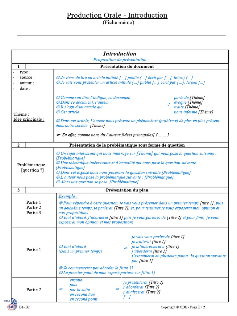 B1-B2 - Production Orale - Introduction (Ok) | PDF