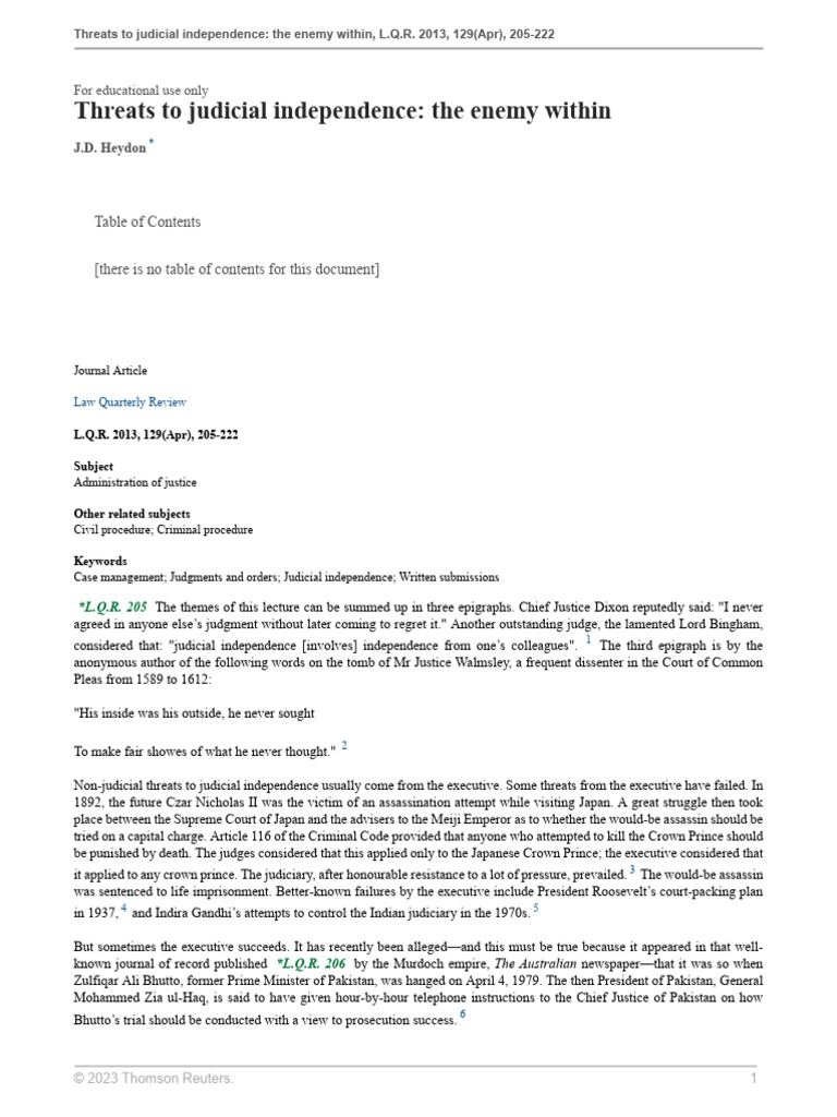 Judicial Independence Threats Explained | PDF | Judgment (Law) | Judge