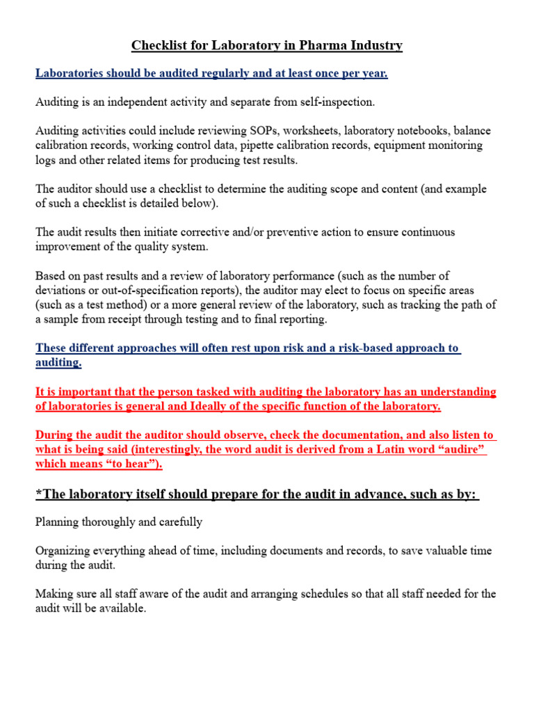 Pharma Lab Audit Checklist Guide | PDF | Laboratories | Audit