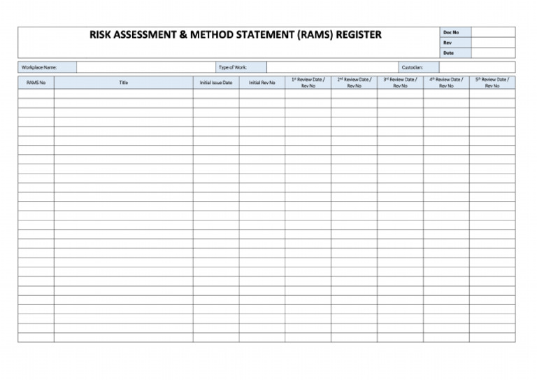 Template - Register (RAMS) (Risk Assessments & Method Statements) | PDF