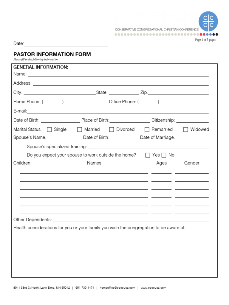 Pastor Information Form | PDF | Evangelicalism | Minister (Christianity)