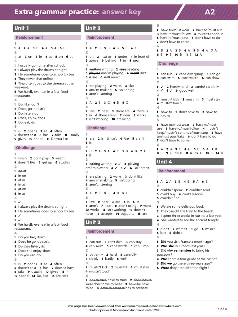 A2 Extra Grammar Practice Answer Key | PDF | Food And Drink | Foods