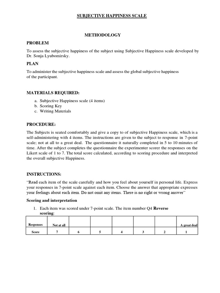 Subjective Happiness Scale Methodology | PDF | Happiness | Methodology