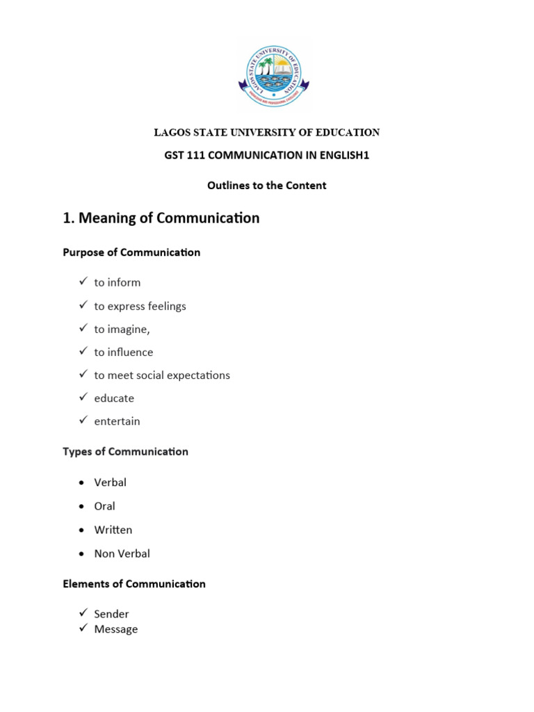 GST 111 Communication in English Overview | PDF | Communication ...