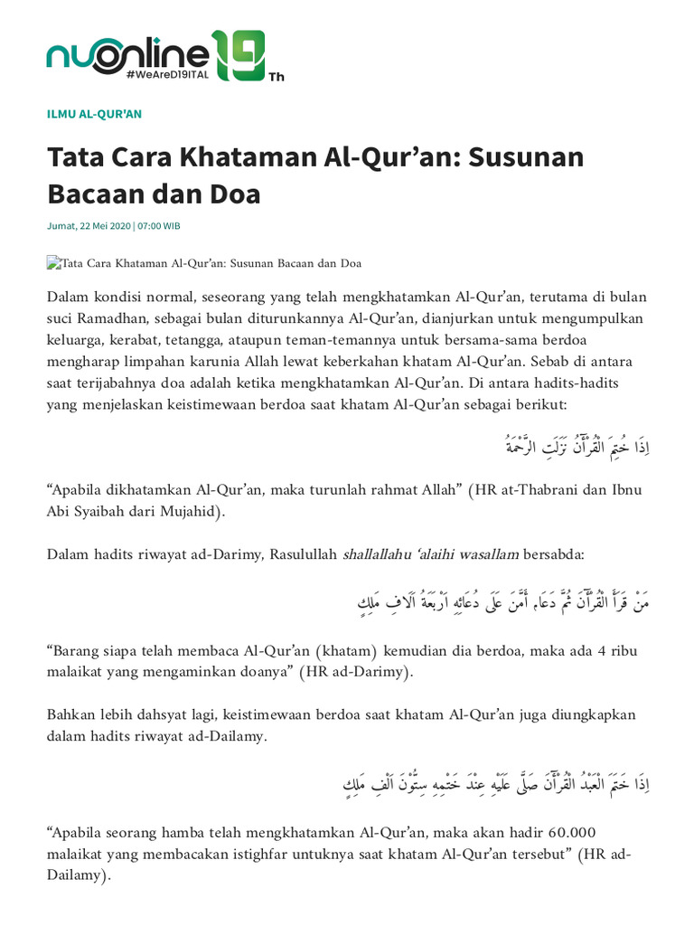 Tata Cara Khataman Al-Qur'an - Susunan Bacaan Dan Doa - NU Online | PDF