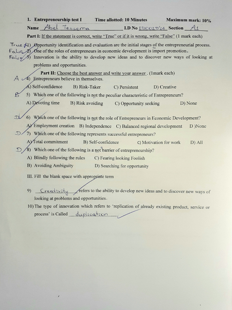 Entrepreneurship Midterm Exam 1 (AASTU) | PDF
