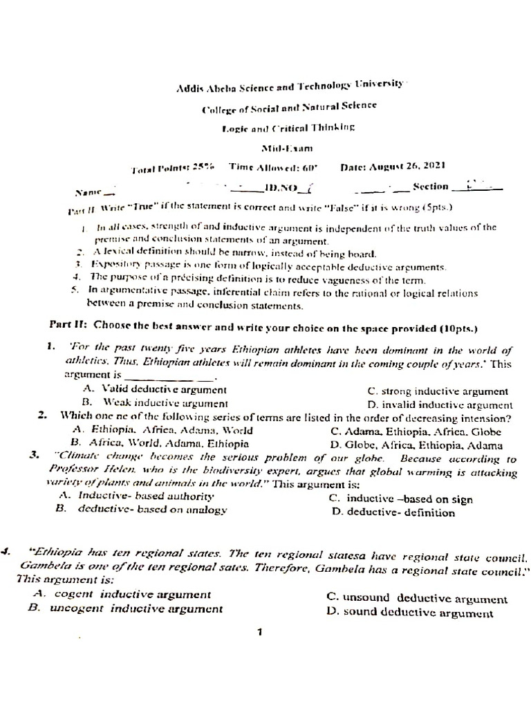 Logic and CT Midterm Exam 17 (AASTU) | PDF