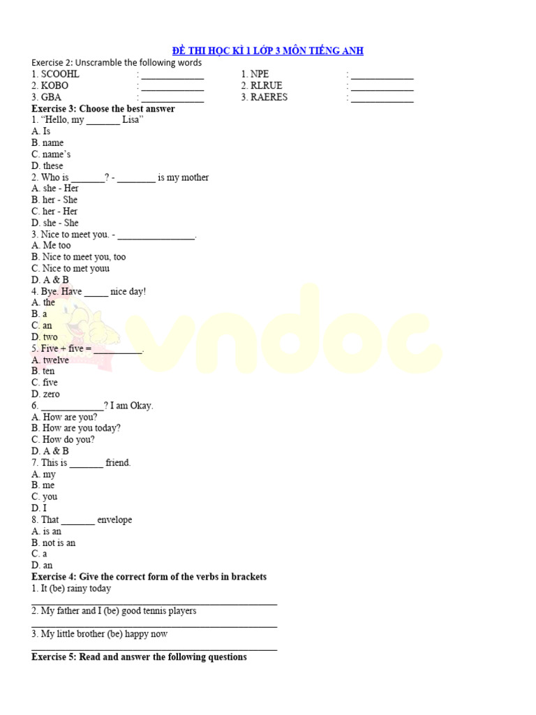 Bo de On Thi Hoc Ki 1 Lop 3 Mon Tieng Anh | PDF | Language Arts & Discipline