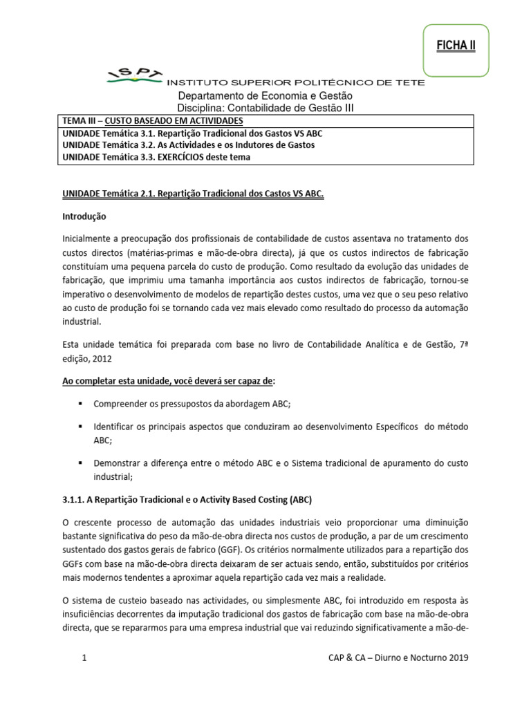 Ficha 2 CG III 2024 - Sistema ABC - Studant | PDF | Qualidade (negócios ...