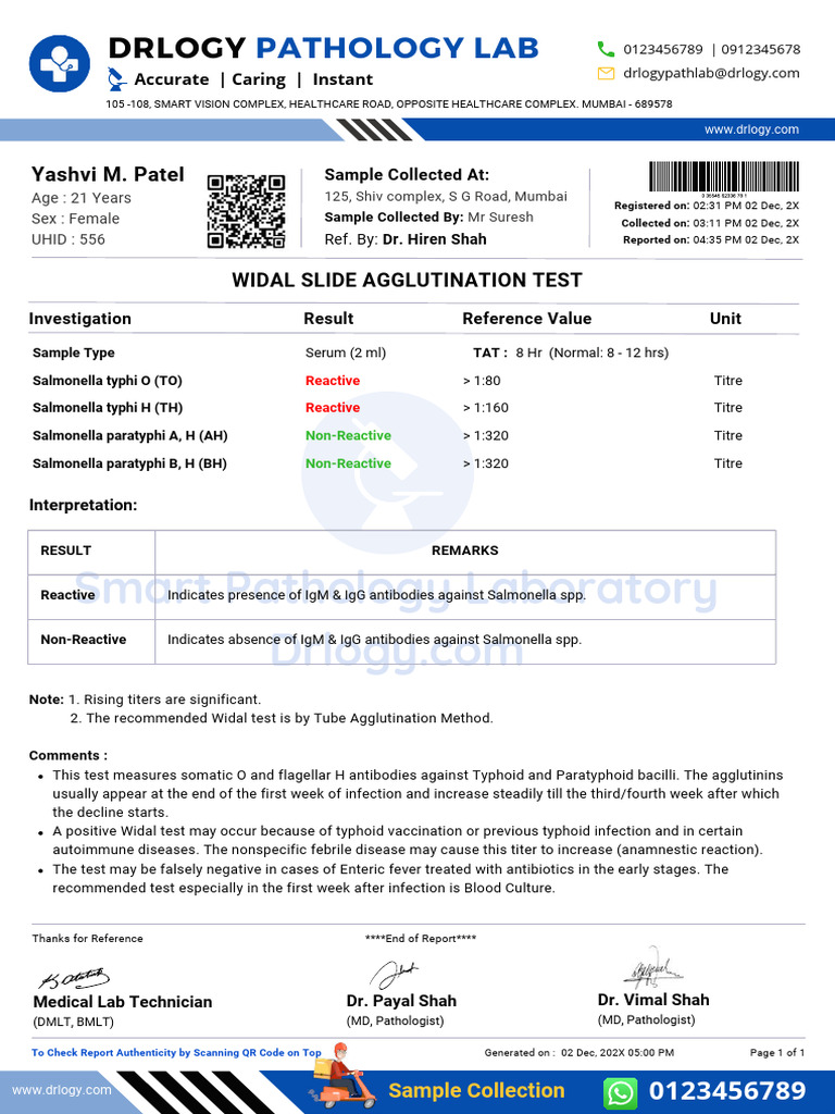 Positive Widal Test Report Format Example Sample Template Drlogy Lab ...