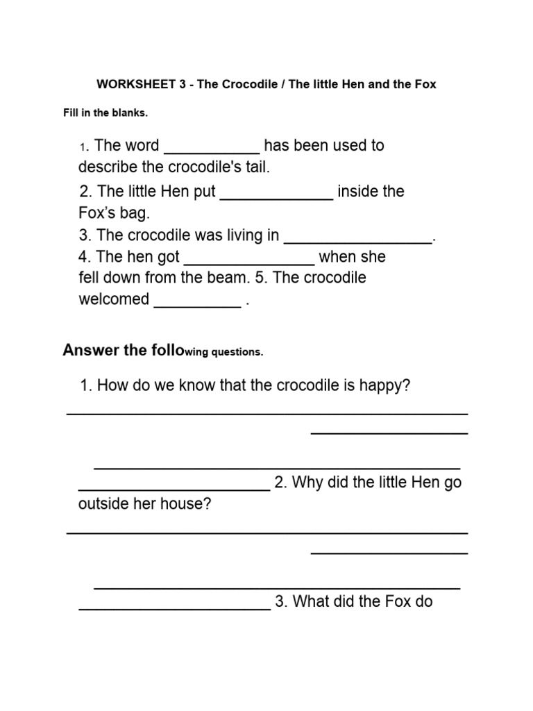 WORKSHEET 3 - The Crocodile - The Little Hen and The Fox | PDF ...