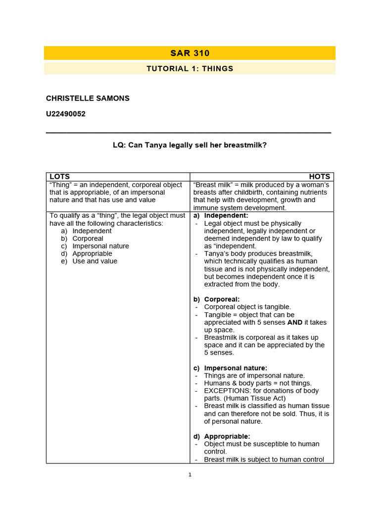 Sar Tutorial 1 Answers | PDF | Breast Milk | Breastfeeding