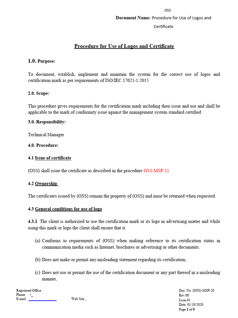 OSS-MSP-20 Procedure for Use of Logos and Certificate Rev 02 | PDF | Certification | Iso 9000