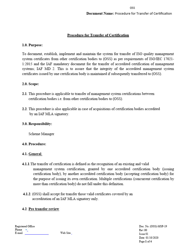 OSS-MSP-19 Procedure For Transfer of Certification Rev 00 | PDF | Certification | Audit