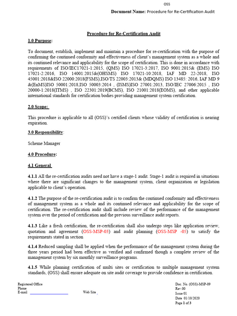 OSS - MSP-09 Procedure For Re-Certification Audit Rev 00 | PDF