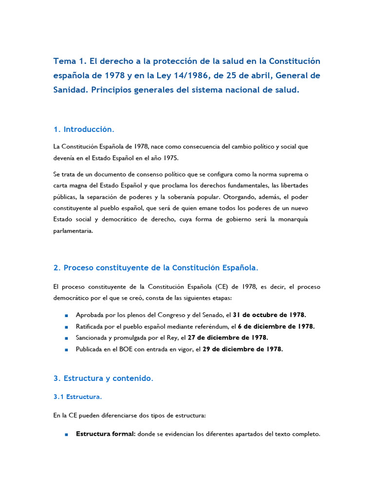 Tema 1. El Derecho A La Proteccion de La Salud en La CE y La Ley General de Sanidad | PDF ...