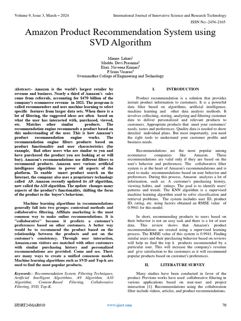 Amazon Product Recommendation System Using SVD Algorithm | PDF | Computers