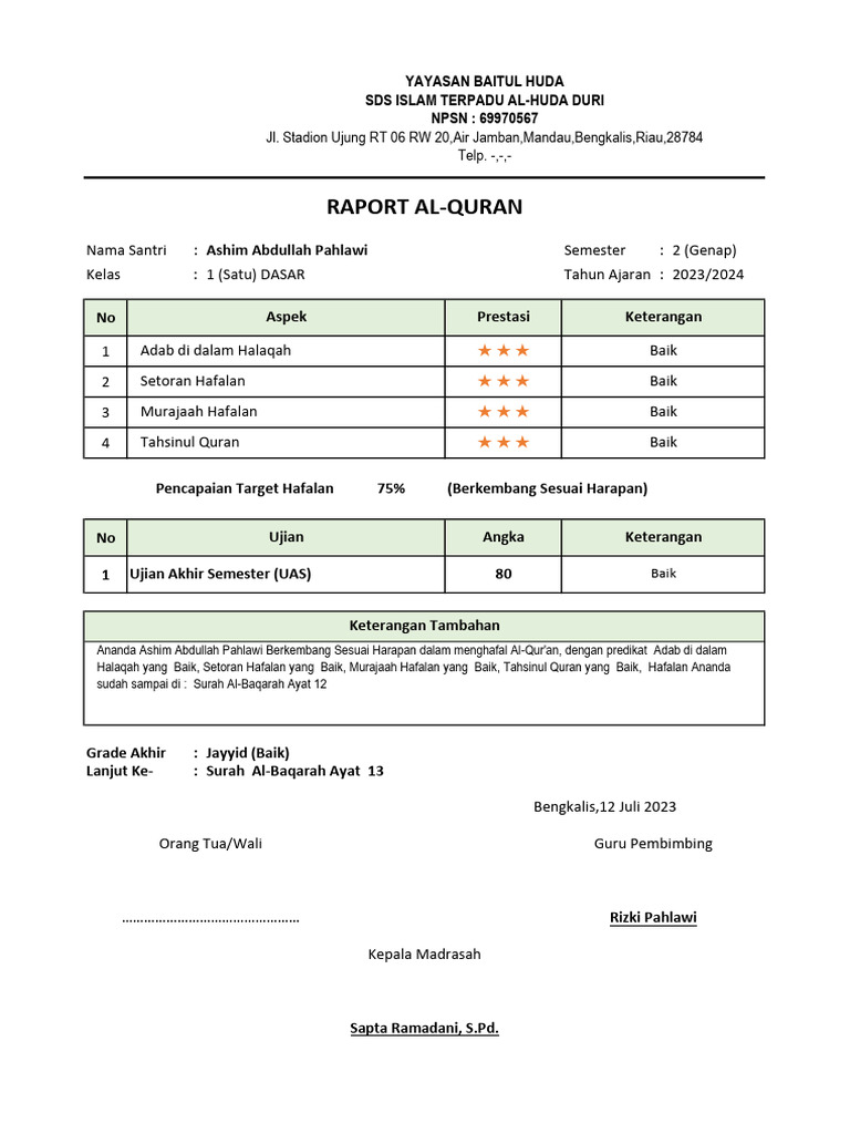 Contoh Raport Al-Quran 1 | PDF