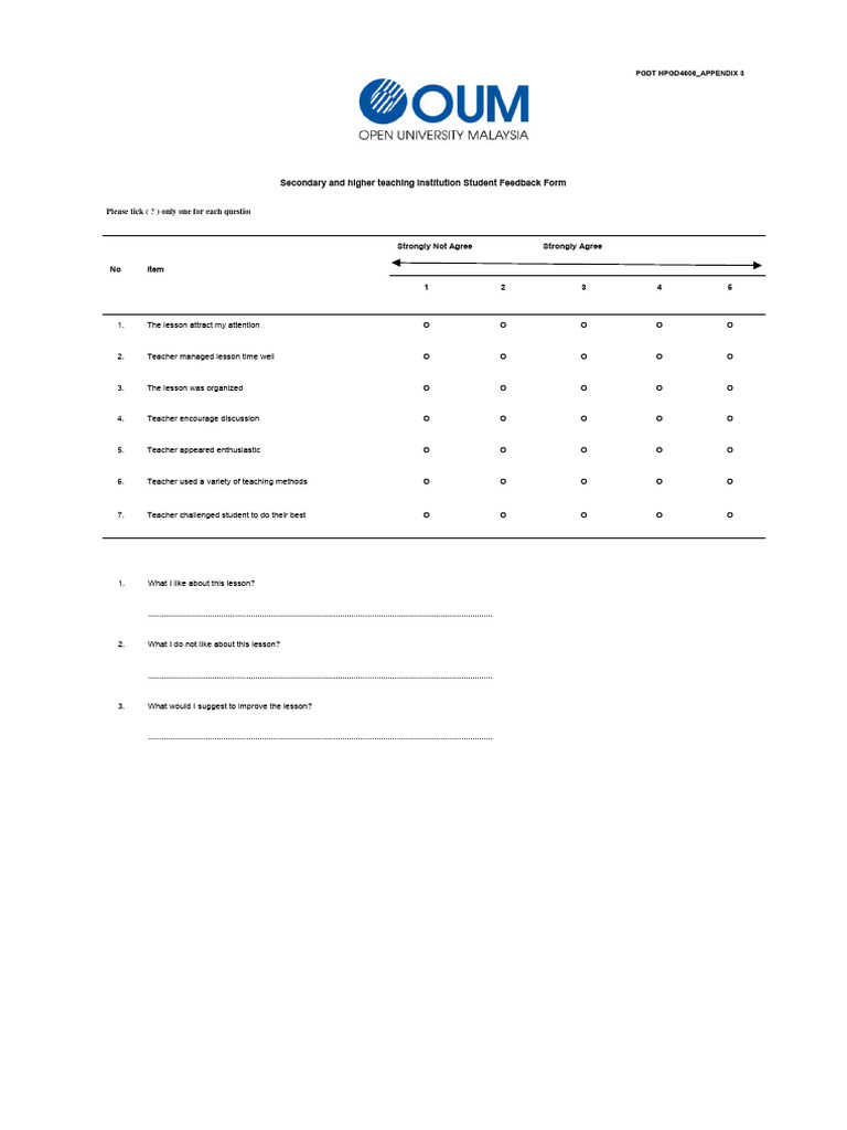 Student Feedback Form for Lessons | PDF