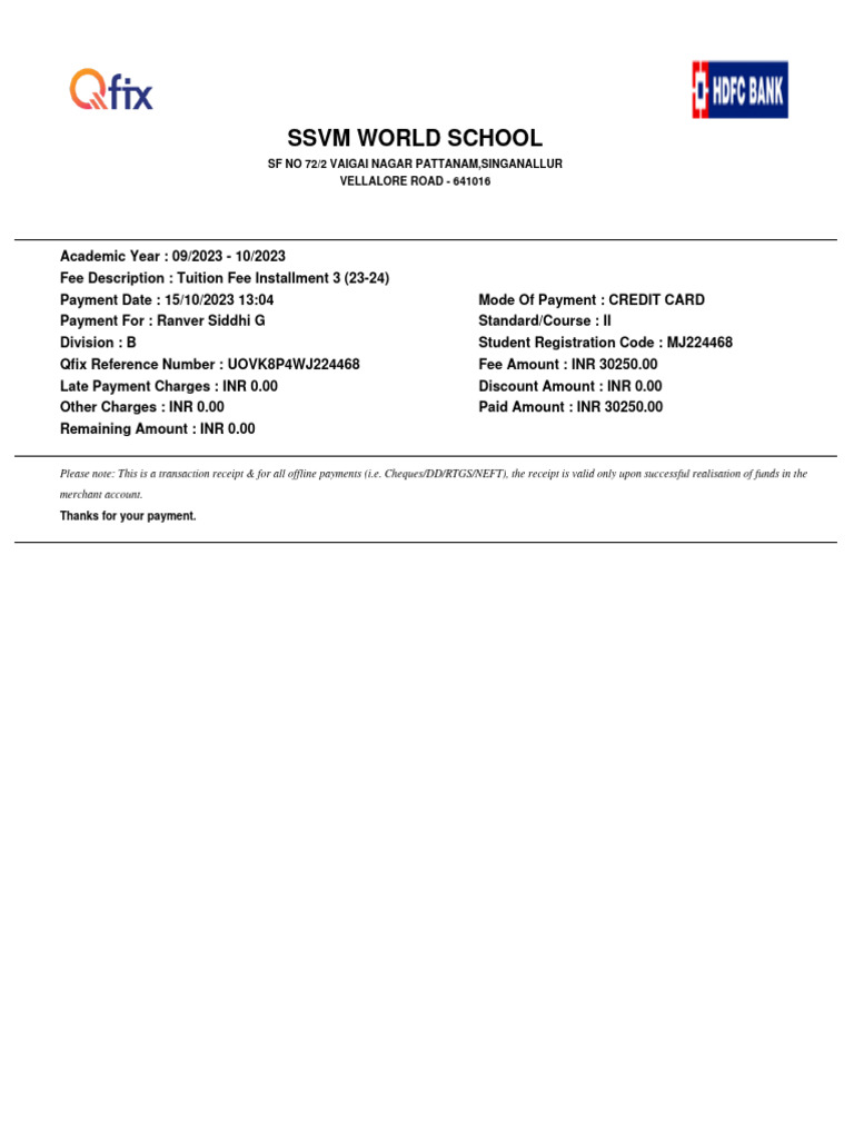 SSVM School Tuition Fee Receipt 2023 | PDF