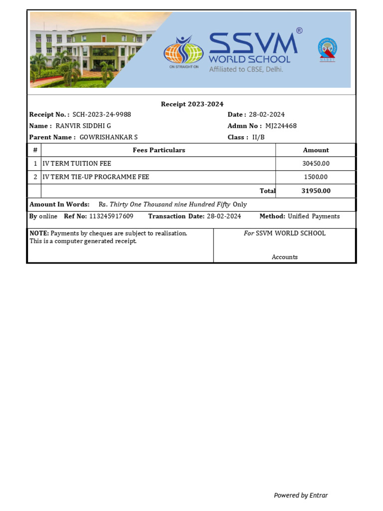 SSVM World School Fee Receipt 2023-24 | PDF