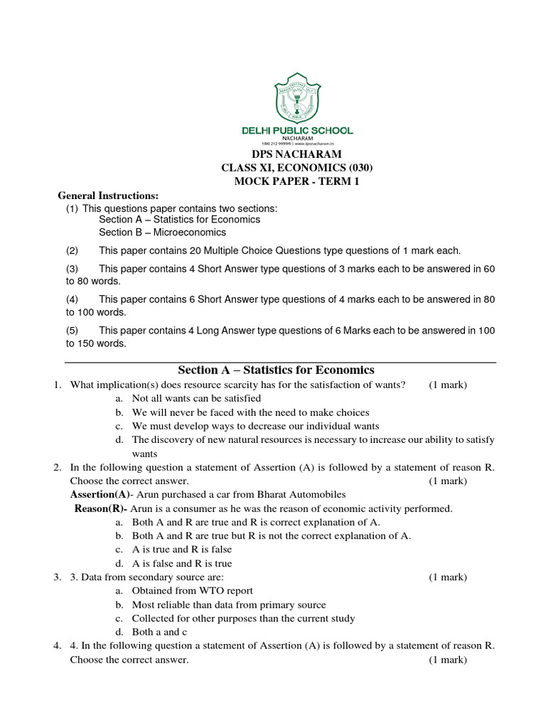 Class 11 Economics Mock Test Paper | PDF