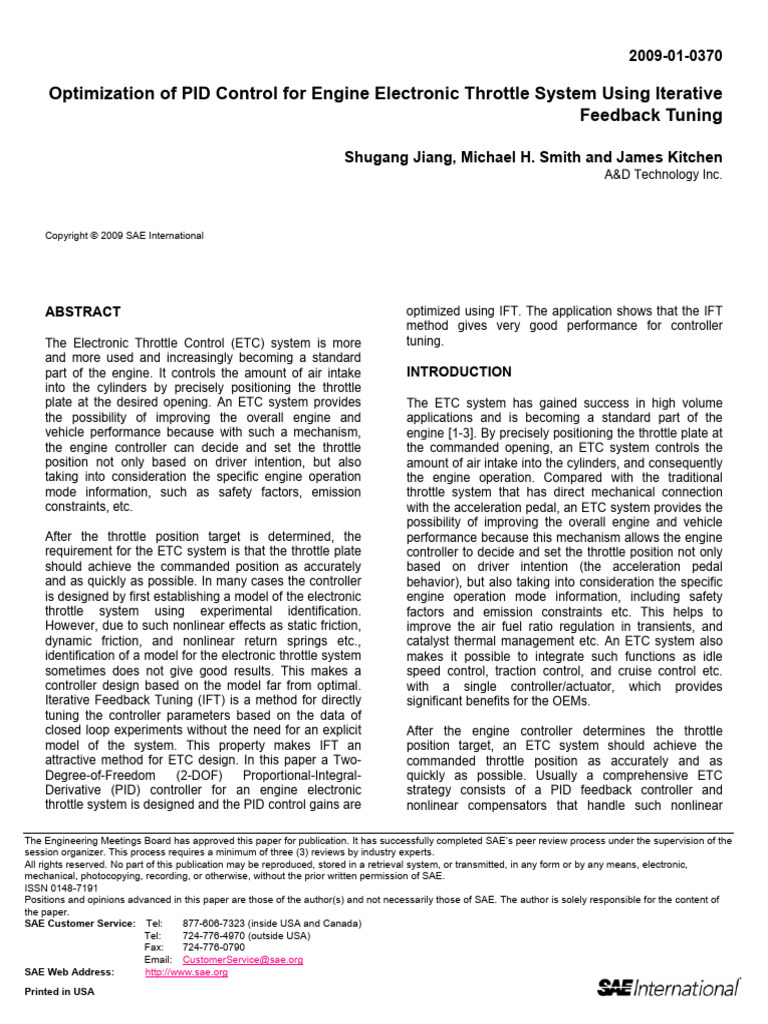 Optimization of PID Control For Engine Electronic Throttle System Using Iterative Feedback ...
