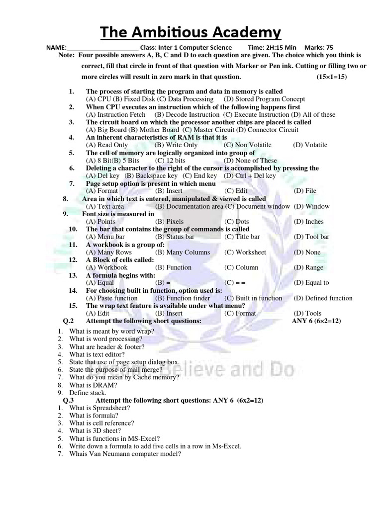 Inter 1 Computer Science Pair 2 | PDF | Random Access Memory | Computer ...