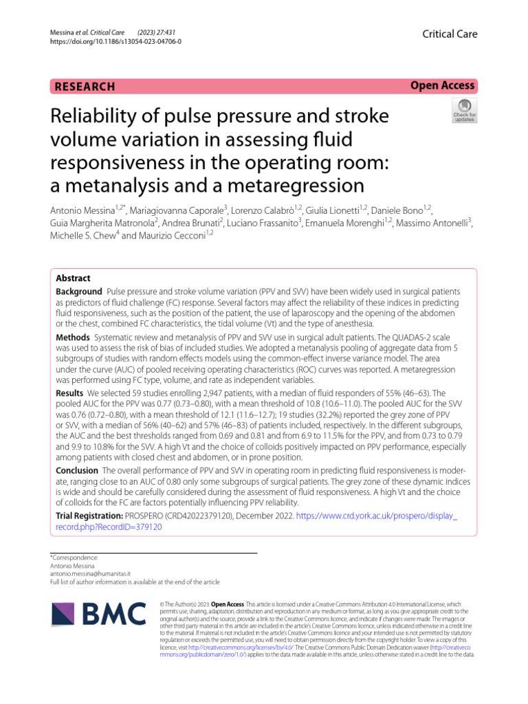 Reliability of Pulse Pressure and Stroke Volume Variation in Assessing Fluid Responsiveness in ...